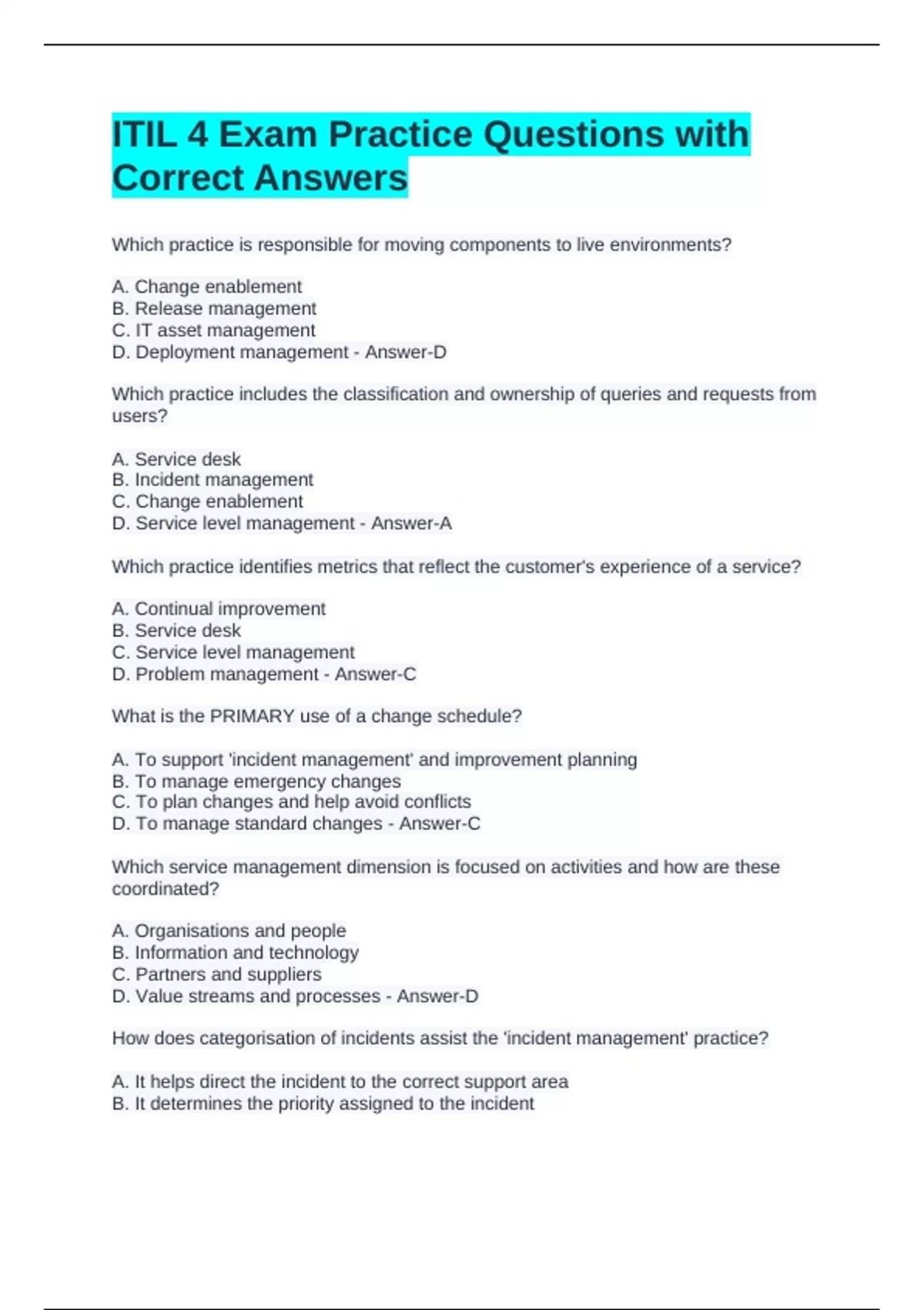ITIL 4 Exam Practice Questions with Correct Answers - ITIL 4 - Stuvia US