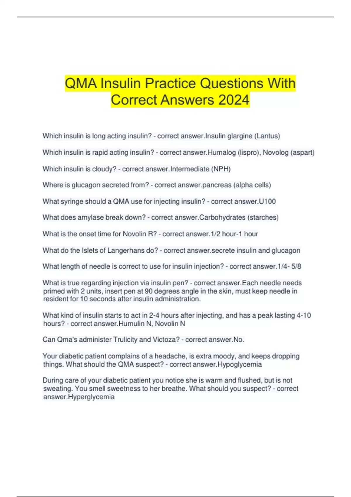 QMA Insulin Practice Questions With Correct Answers 2024 - QMA Insulin ...