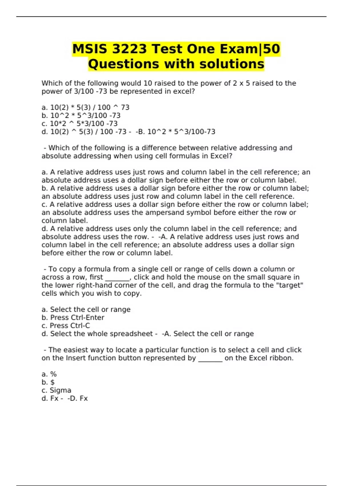 MSIS 3223 Test One Exam|50 Questions with solutions - MSIS 3223 - Stuvia US