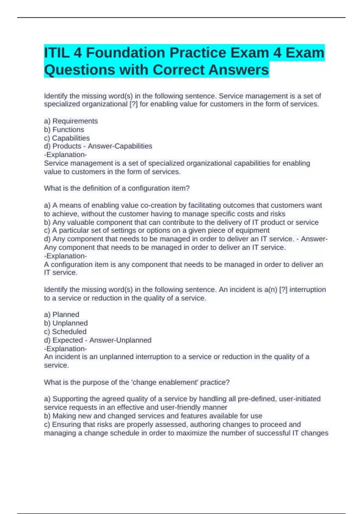 Itil 4 Foundation Practice Exam 4 Exam Questions With Correct Answers Itil 4 Stuvia Uk