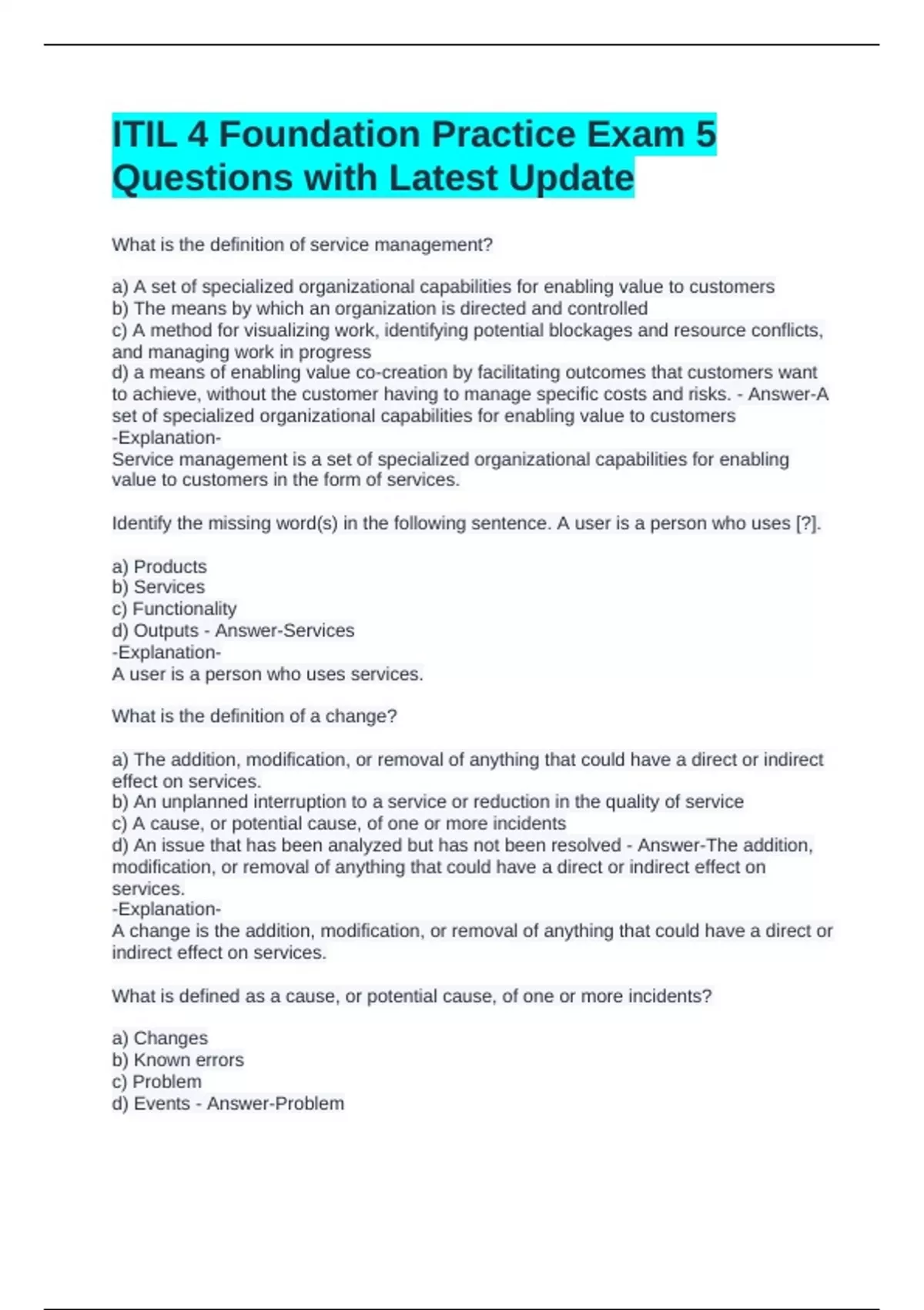 ITIL 4 Foundation Practice Exam 5 Questions with Latest Update - ITIL 4 ...