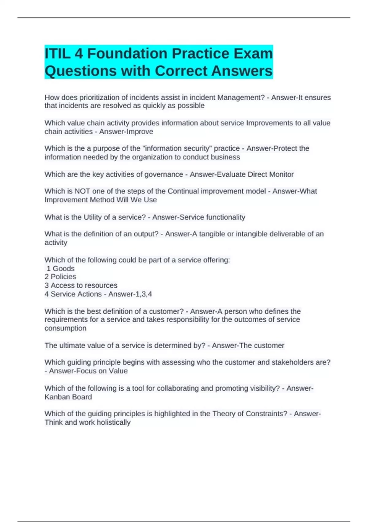 ITIL 4 Foundation Practice Exam Questions with Correct Answers - ITIL 4 ...