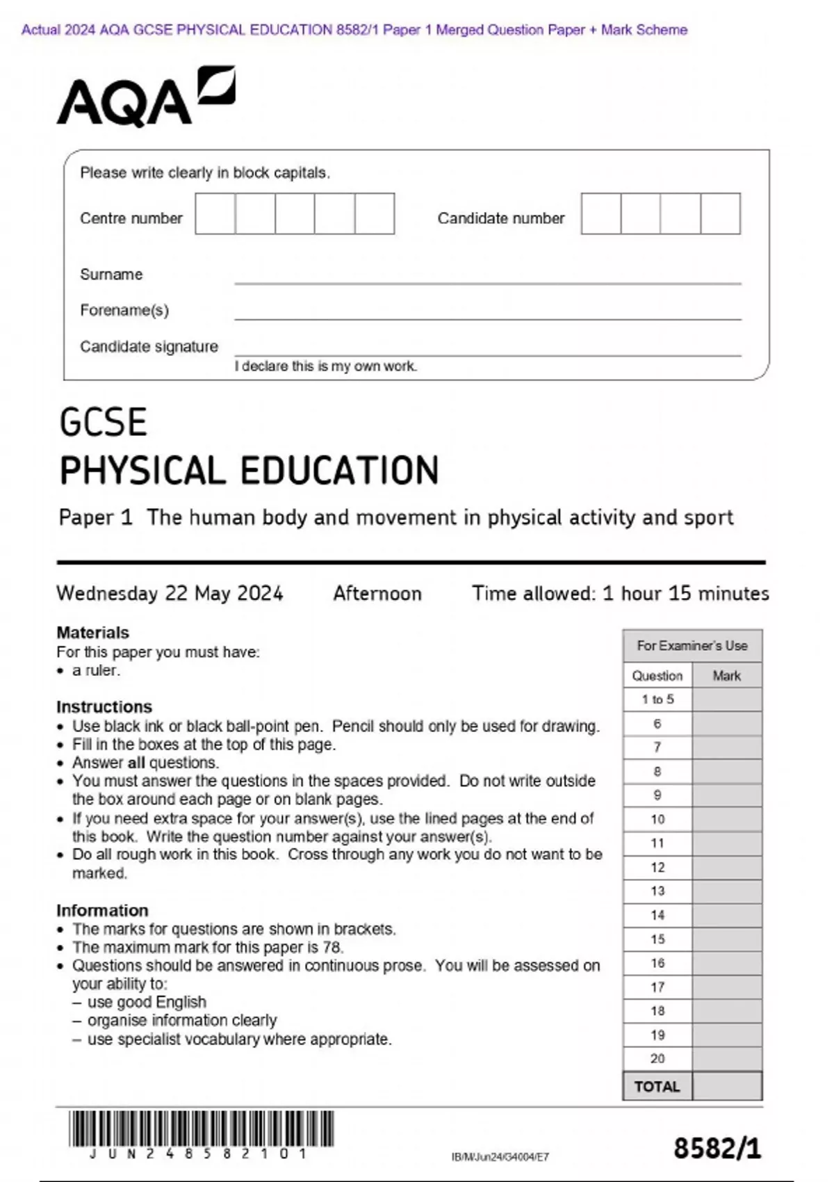 Actual 2024 AQA GCSE PHYSICAL EDUCATION 8582/1 Paper 1 The human body ...