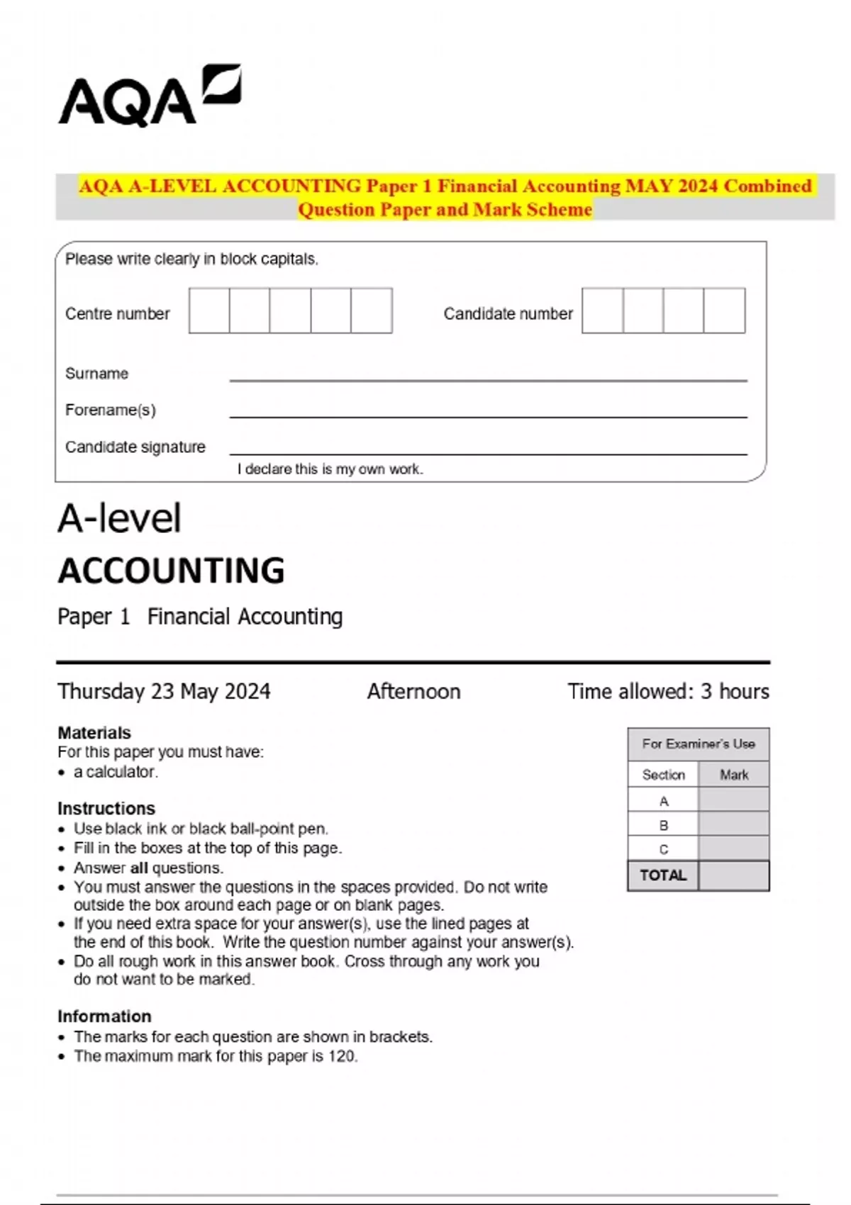 AQA A-LEVEL ACCOUNTING Paper 1 Financial Accounting MAY 2024 Combined ...