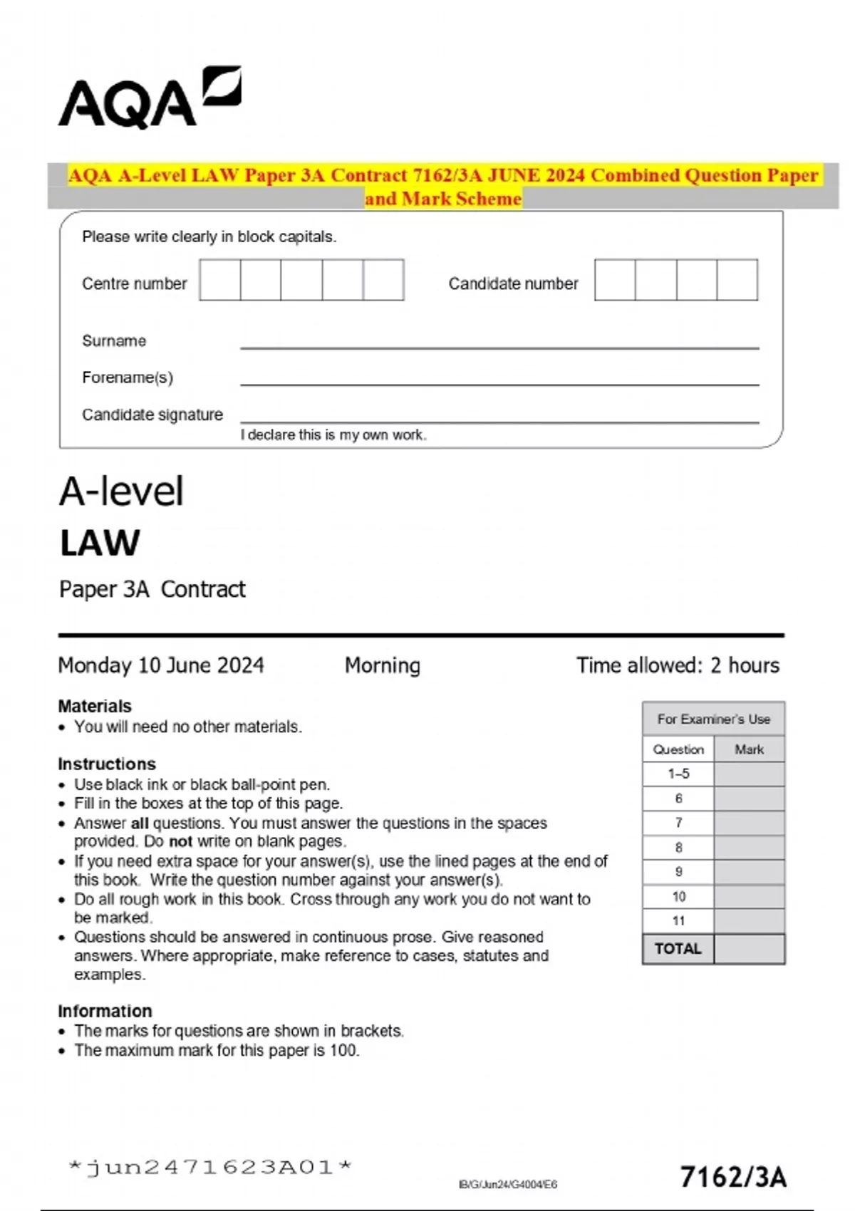 AQA A-Level LAW Paper 3A Contract 7162/3A JUNE 2024 Combined Question ...