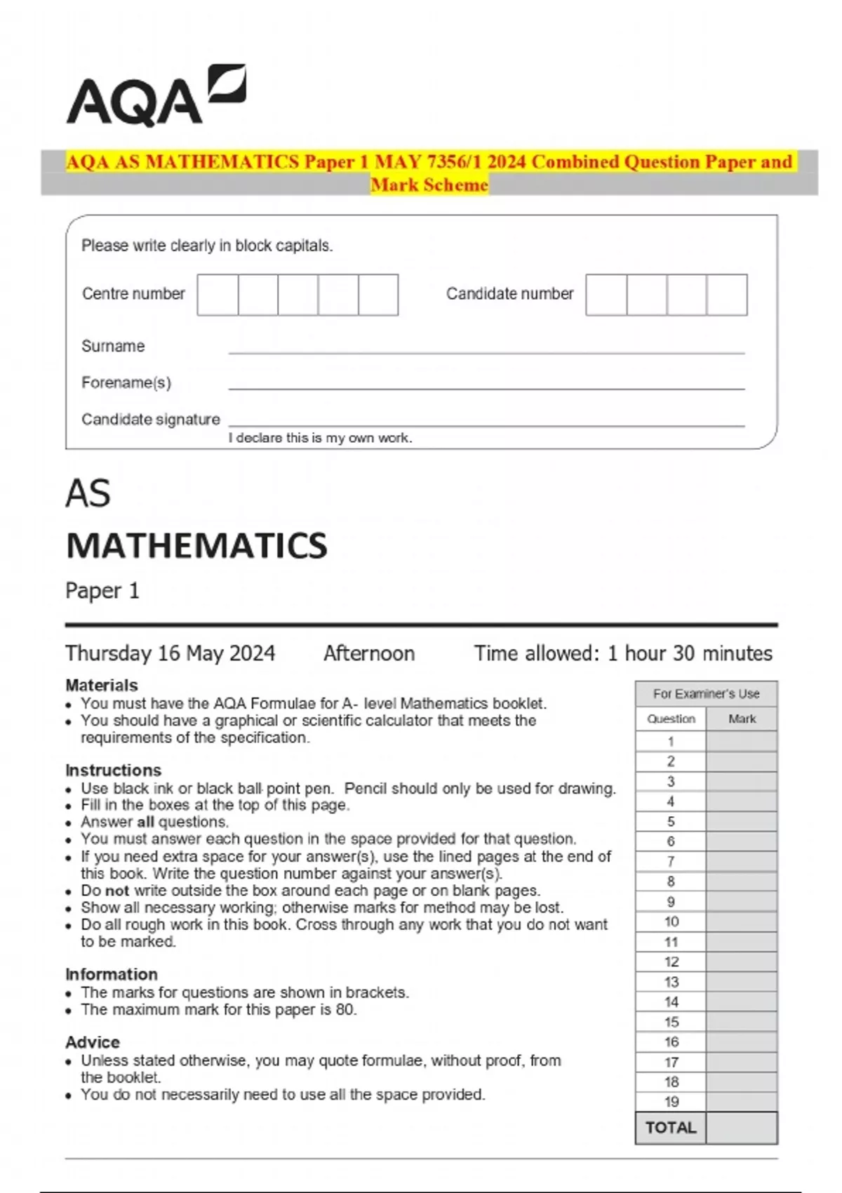 AQA AS MATHEMATICS Paper 1 MAY 7356/1 2024 Combined Question Paper and ...