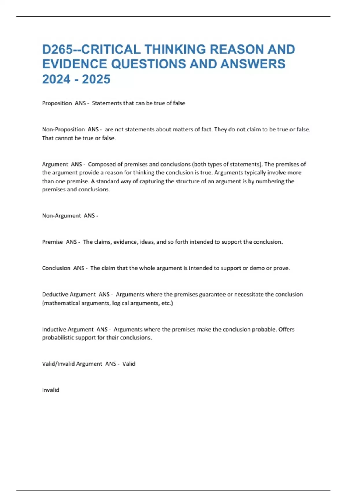 D265--CRITICAL THINKING REASON AND EVIDENCE QUESTIONS AND ANSWERS - WGU ...