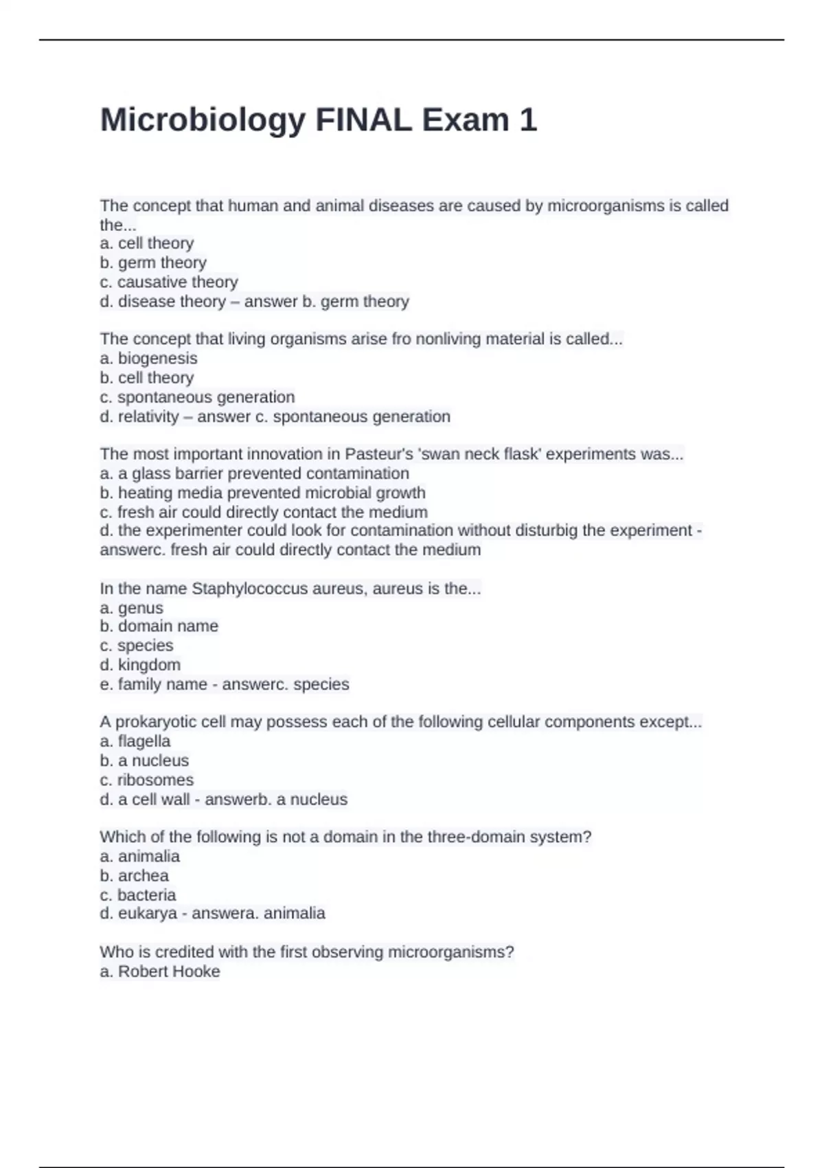 Microbiology FINAL Exam 1 Questions and Answers 100% Accurate ...