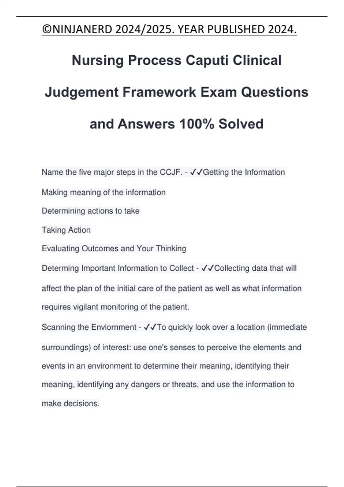 Nursing Process Caputi Clinical Judgement Framework Exam Questions and ...
