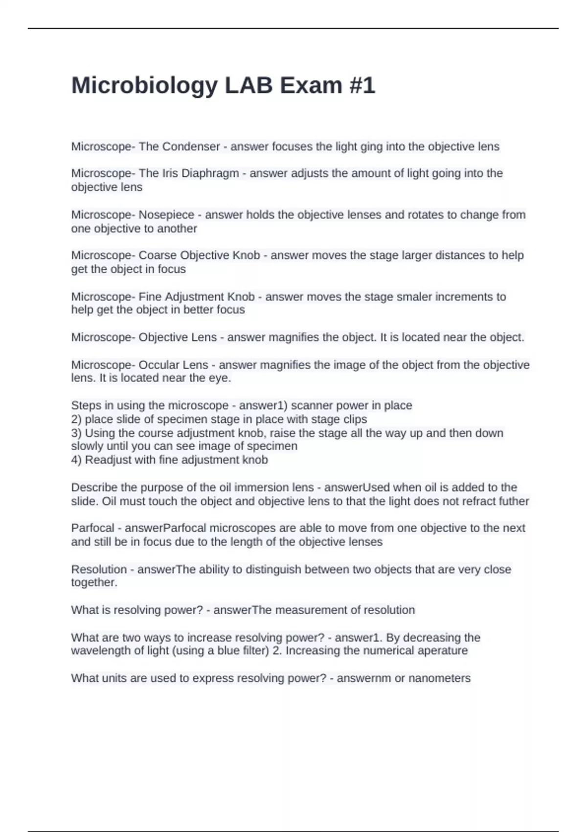 Microbiology LAB Exam -1 Questions and Answers 2024 - Microbiology ...