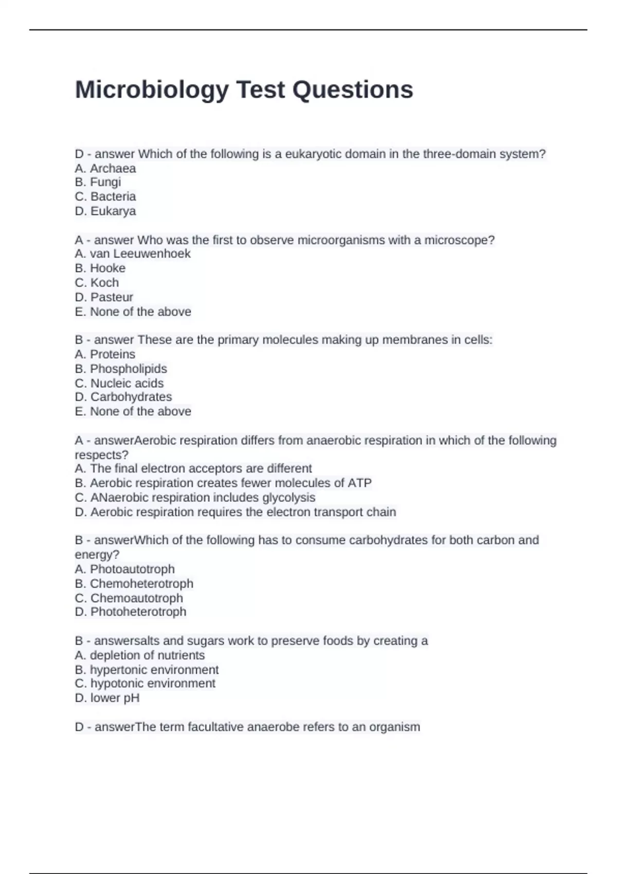 Microbiology Test Questions and Answers 100% Accurate - Microbiology ...