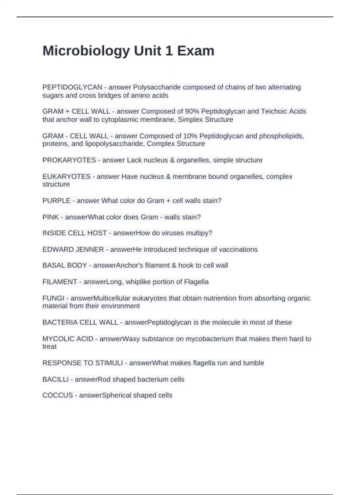 Microbiology Unit 1 Exam Questions and Answers 2024 - Microbiology ...