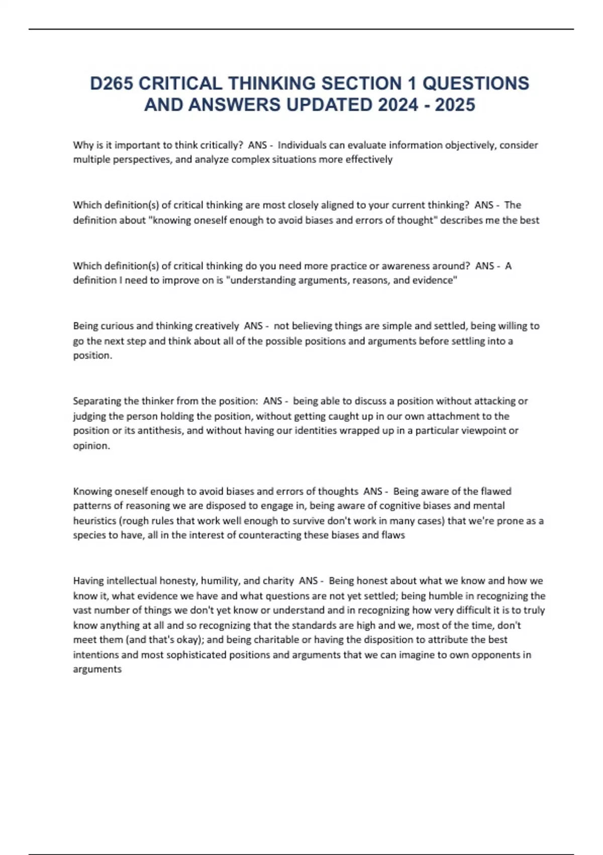D265 CRITICAL THINKING SECTION 1 QUESTIONS AND ANSWERS UPDATED - WGU ...