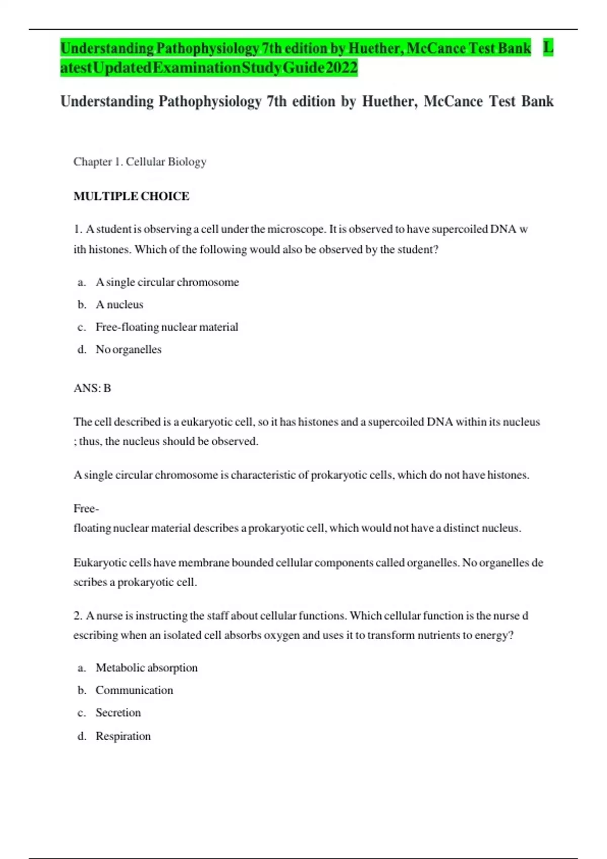 Test Bank for Understanding Pathophysiology 7th Edition by Huether ...