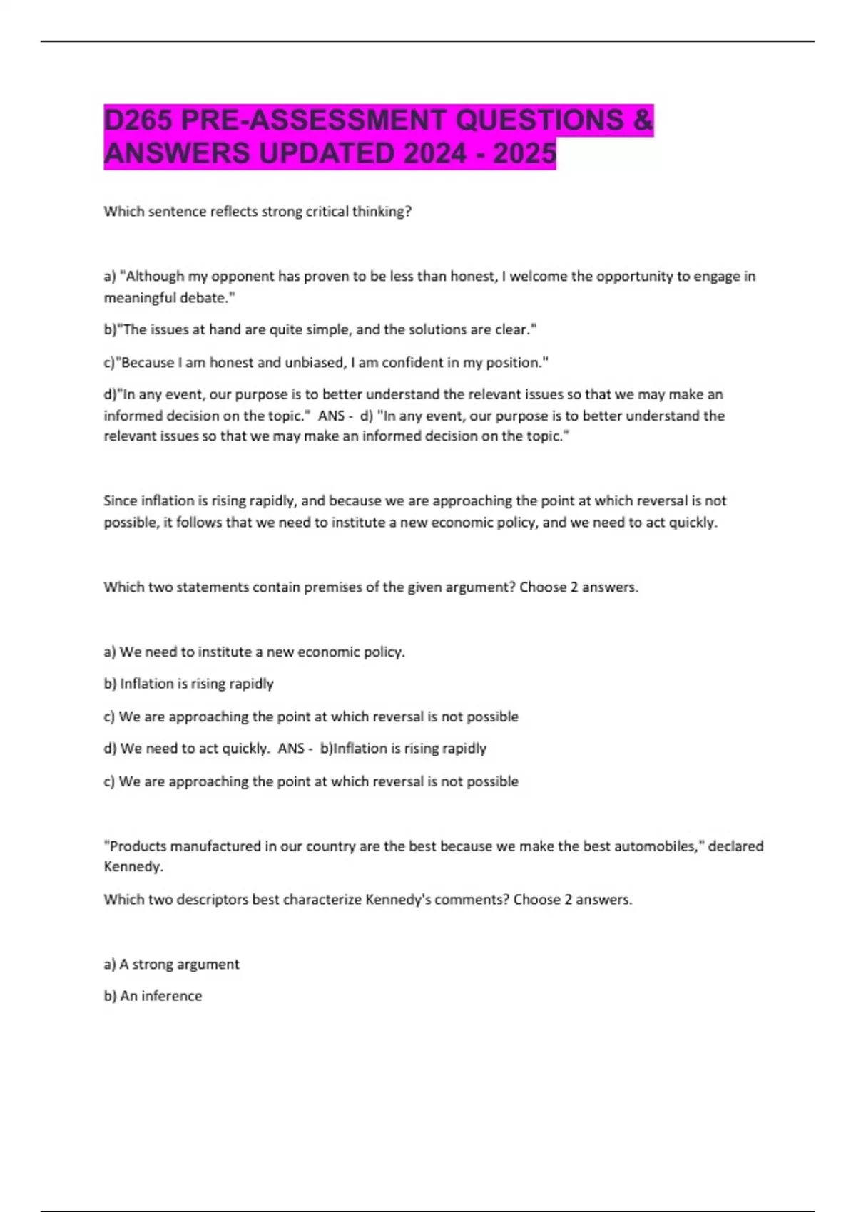 D265 PRE-ASSESSMENT QUESTIONS & ANSWERS UPDATED - WGU D265 - Stuvia US