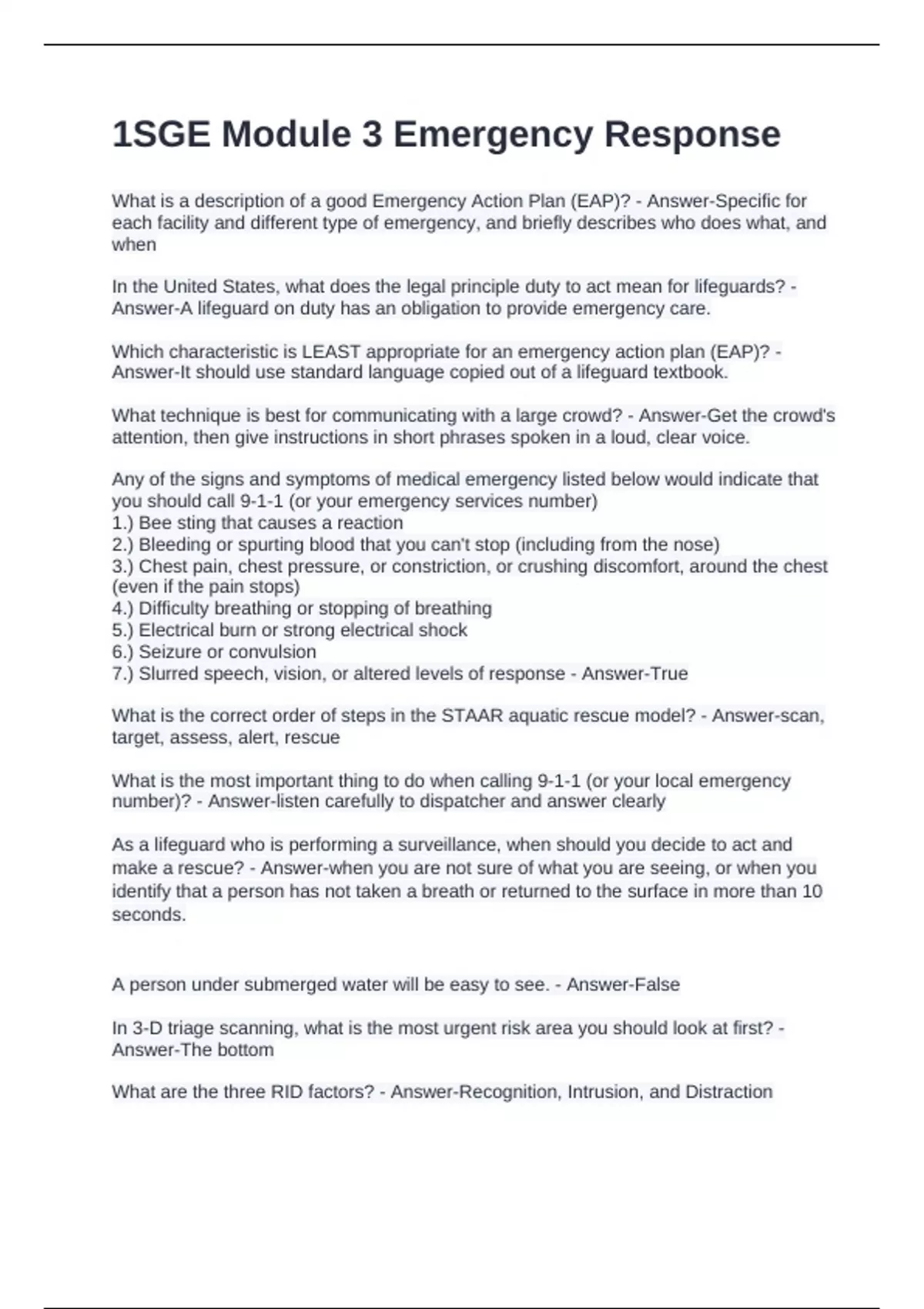 SGE Module 3 Emergency Response Exam questions and Answers - STARGUARD ...