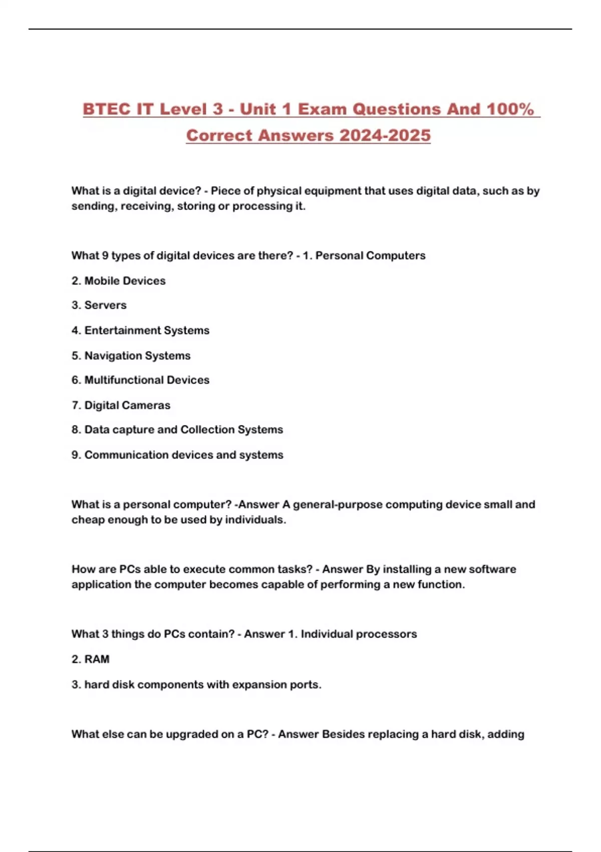 BTEC IT Level 3 - Unit 1 Exam Questions And 100% Correct Answers - BTEC IT Level 3 - Unit 1 ...