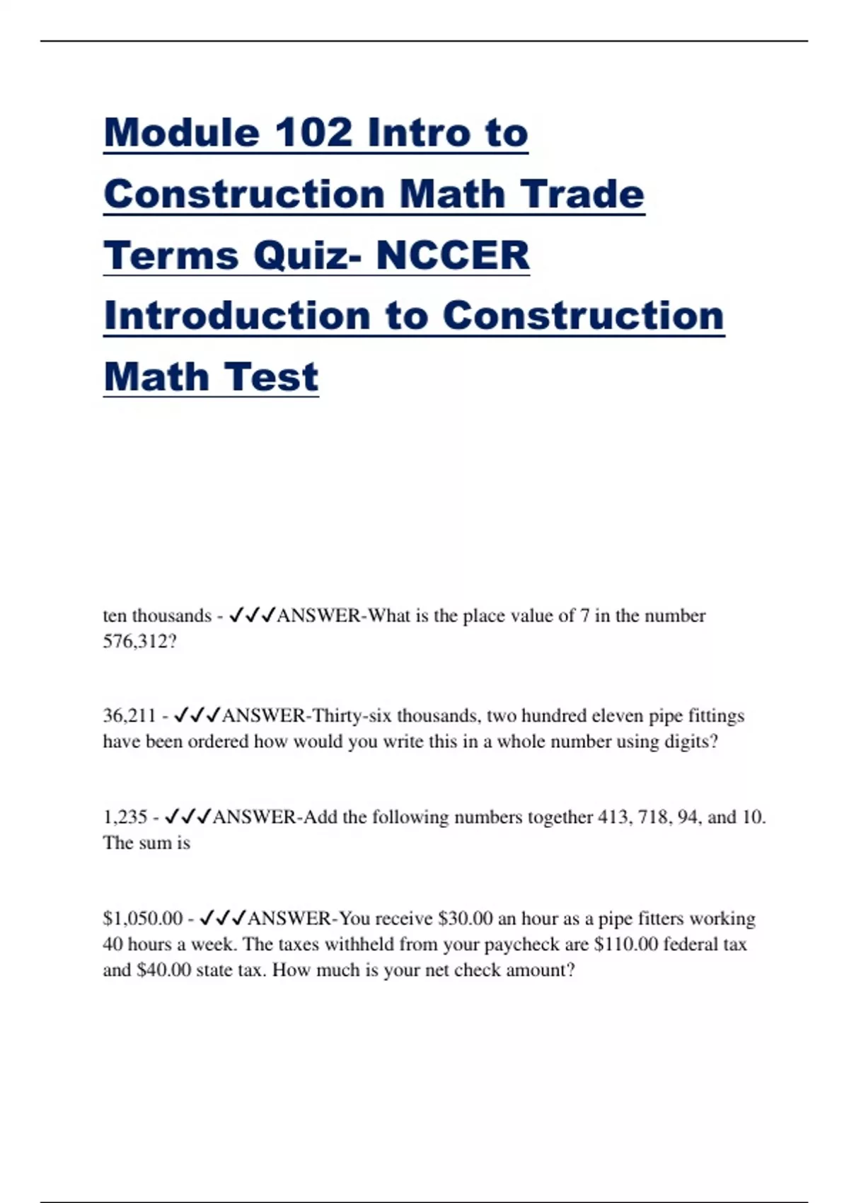 Module 102 Intro to Construction Math Trade Terms Quiz- NCCER ...