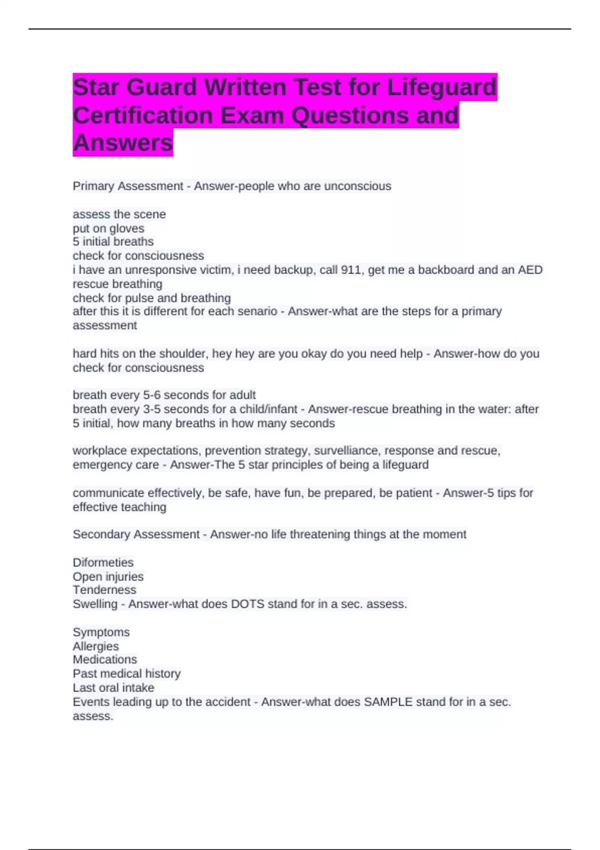 Star Guard Written Test for Lifeguard Certification Exam Questions and ...