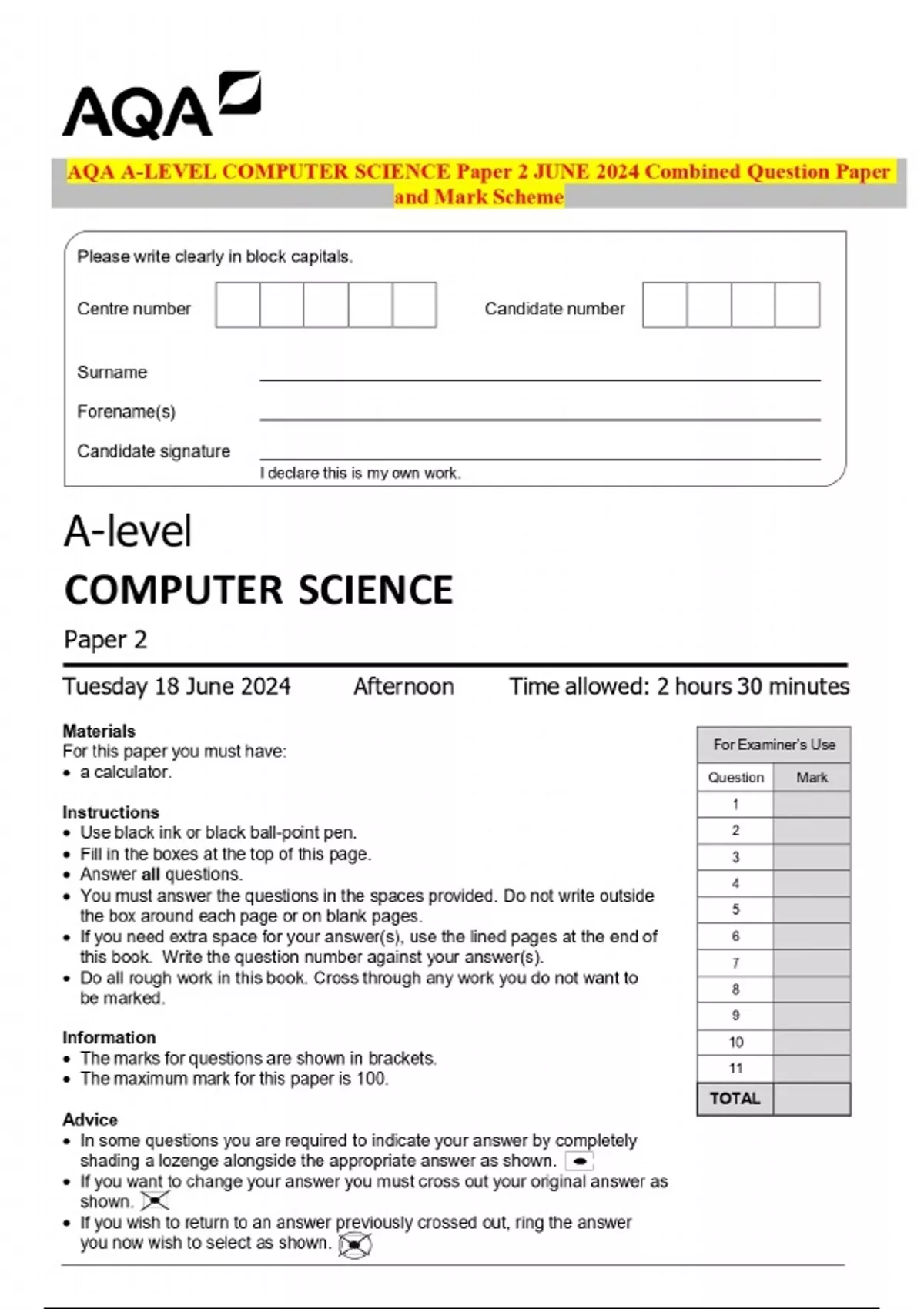 AQA A-LEVEL COMPUTER SCIENCE Paper 2 JUNE 2024 Combined Question Paper ...