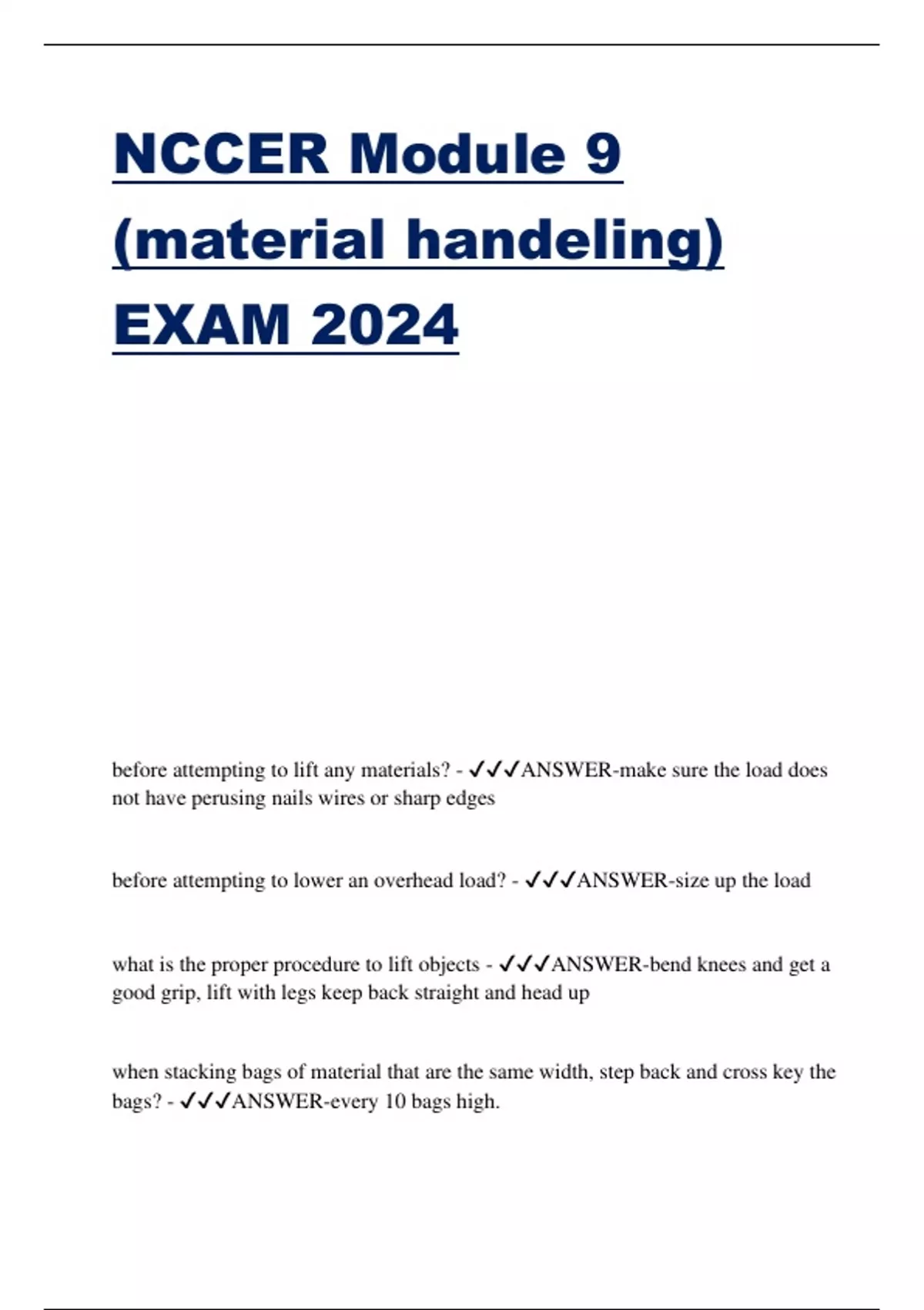 NCCER Module 9 (material handeling) EXAM 2024 - NCCER Module 9 - Stuvia US