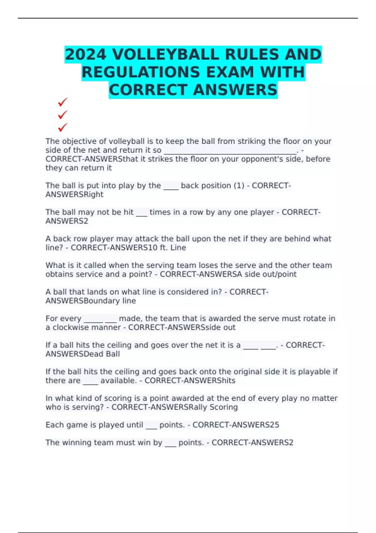 2024 VOLLEYBALL RULES AND REGULATIONS EXAM WITH CORRECT ANSWERS ...