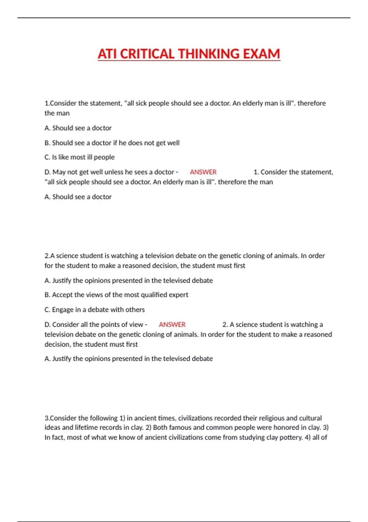 ATI CRITICAL THINKING EXAM 2024/25 - ATI CRITICAL THINKING - Stuvia US