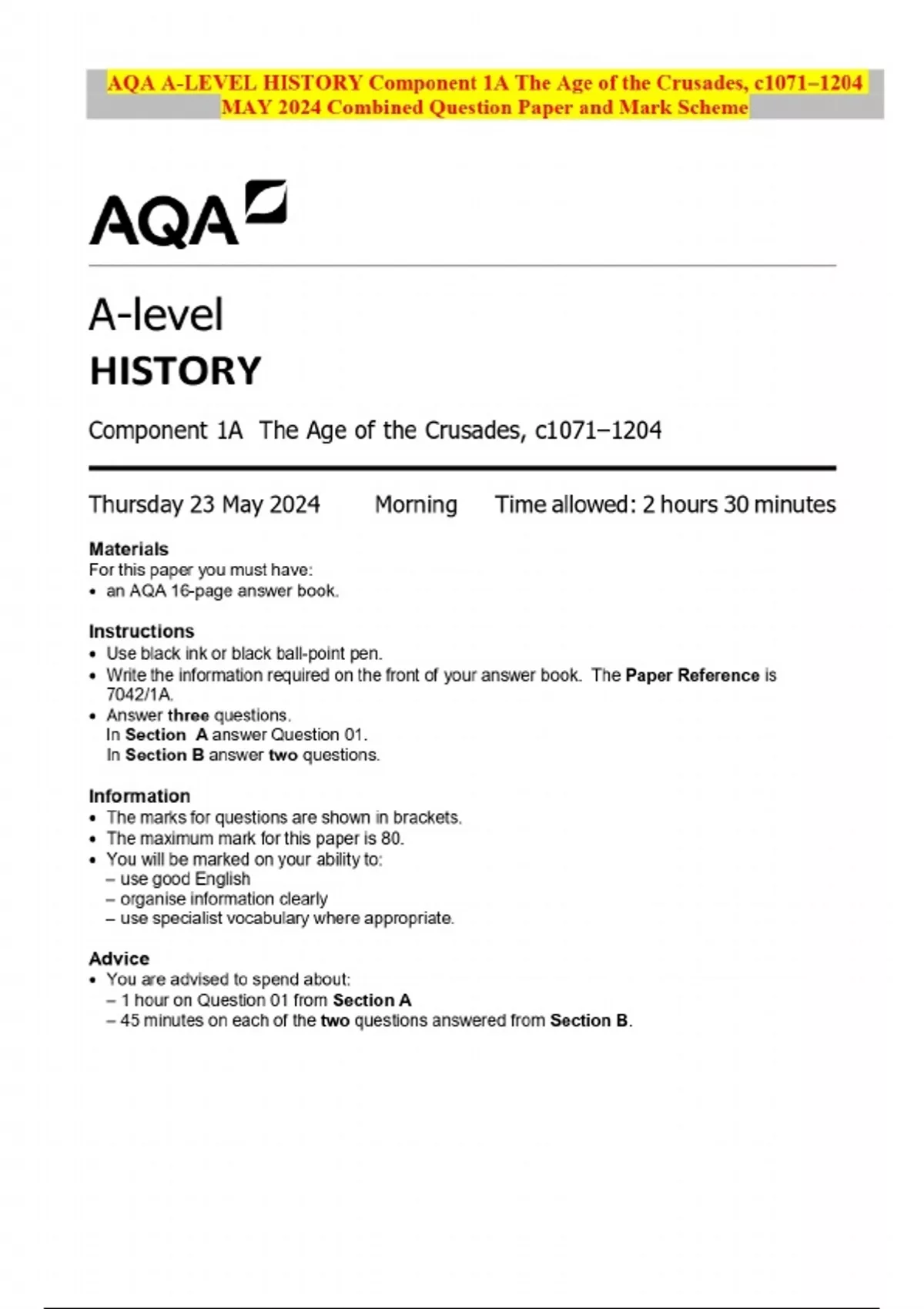 BUNDLE : 2024 AQA A-level HISTORY Combined Question Paper and Mark ...