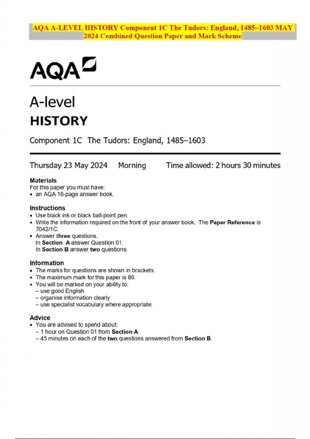 AQA A-LEVEL HISTORY Component 1C The Tudors: England, 1485–1603 MAY ...