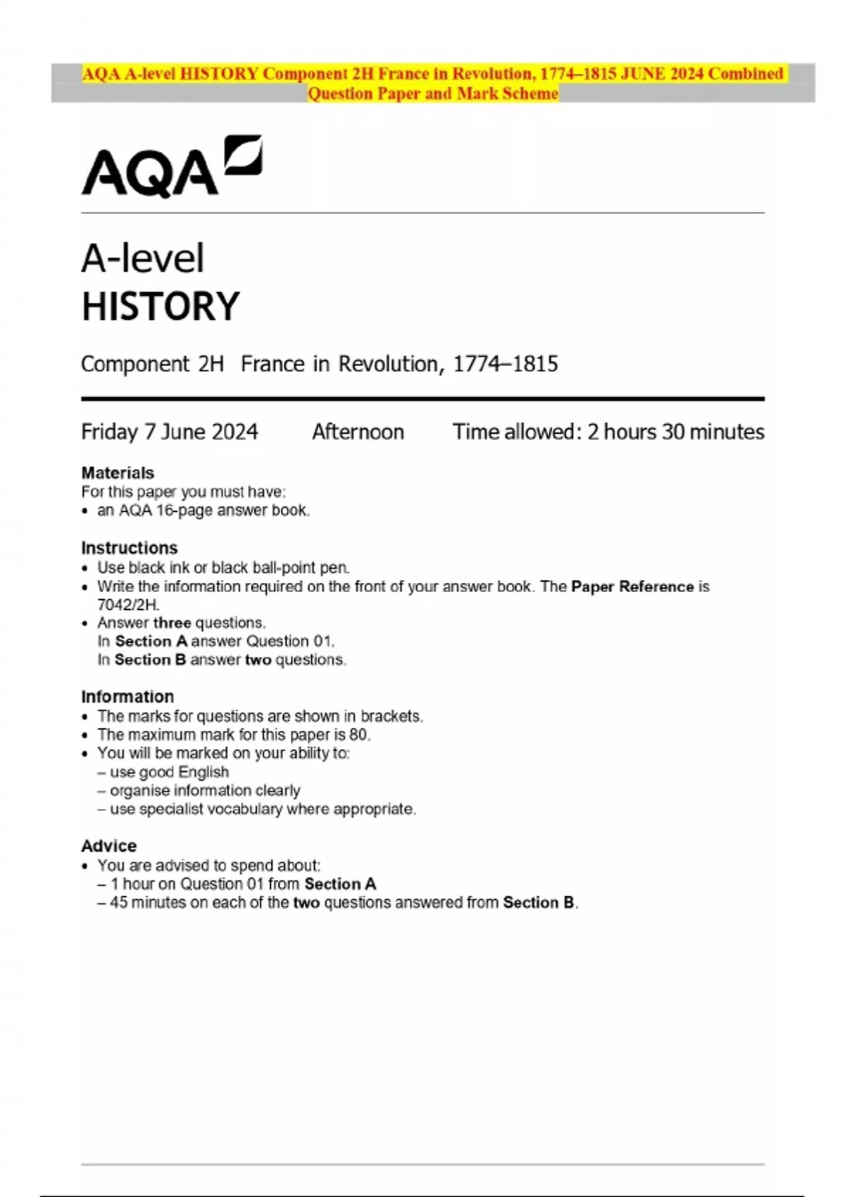 AQA A-level HISTORY Component 2H France in Revolution, 1774–1815 JUNE ...