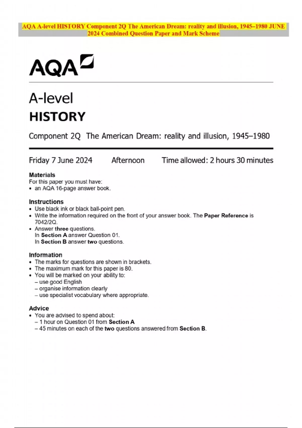 AQA A-level HISTORY Component 2Q The American Dream: reality and ...