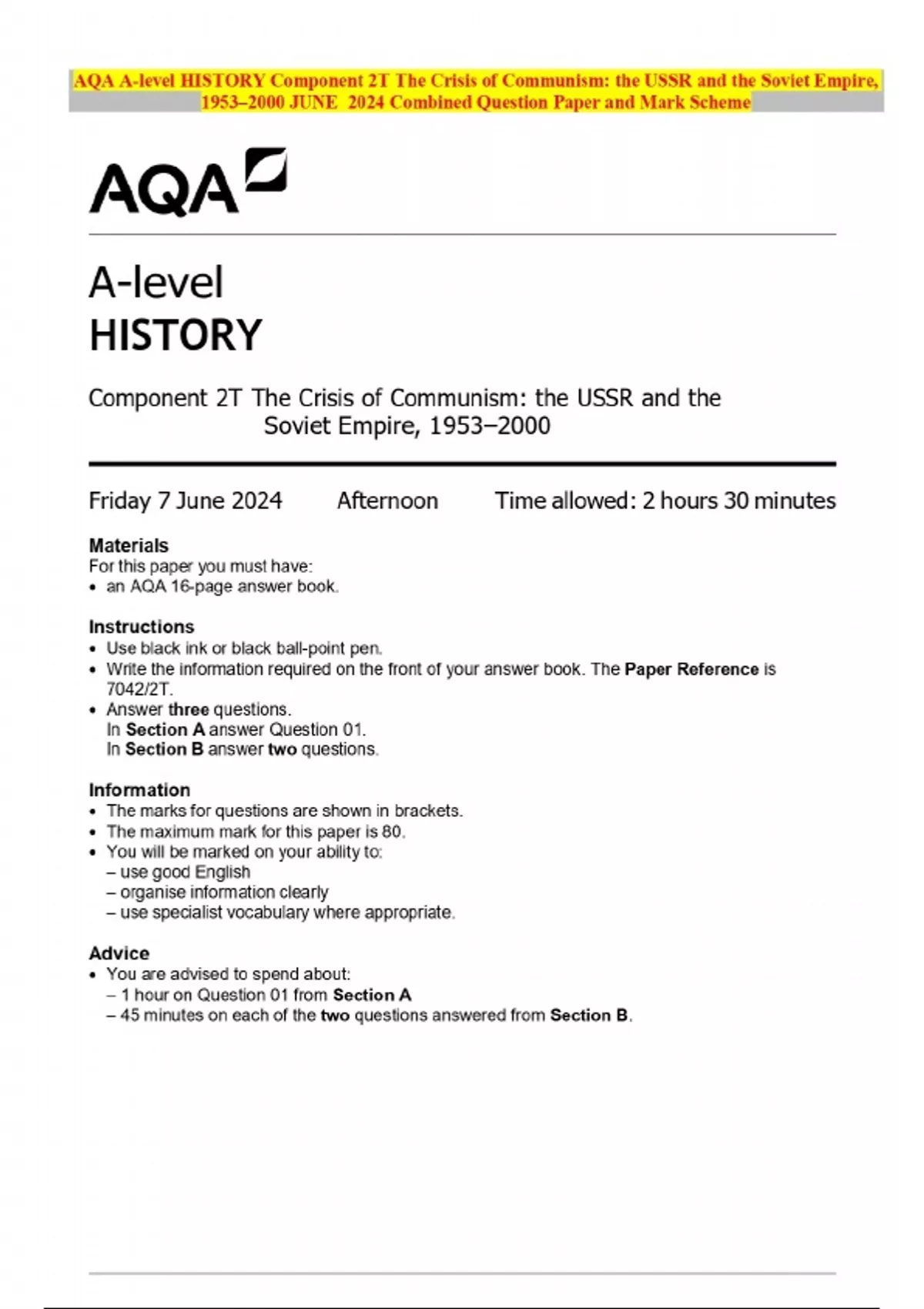 AQA A-level HISTORY Component 2T The Crisis of Communism: the USSR and ...