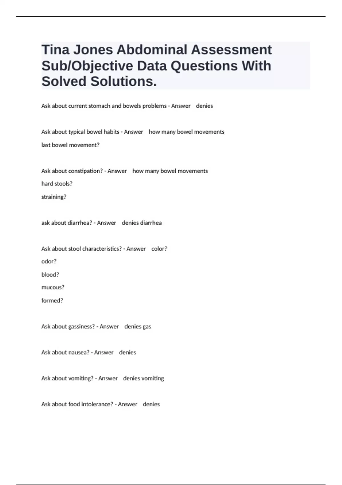Tina Jones Abdominal Assessment Sub/Objective Data Questions With ...