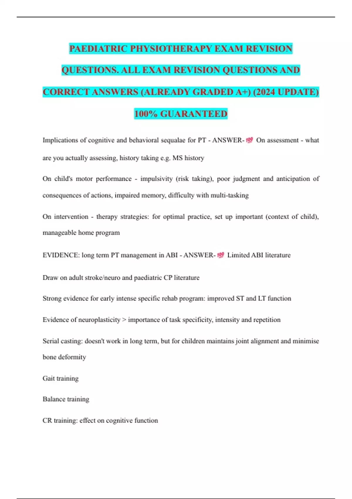 PAEDIATRIC PHYSIOTHERAPY EXAM REVISION QUESTIONS. ALL EXAM REVISION ...