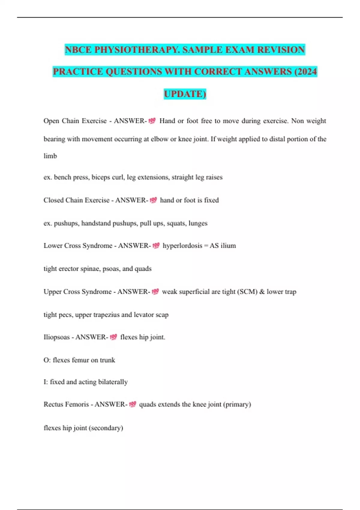 NBCE PHYSIOTHERAPY. SAMPLE EXAM REVISION PRACTICE QUESTIONS WITH ...