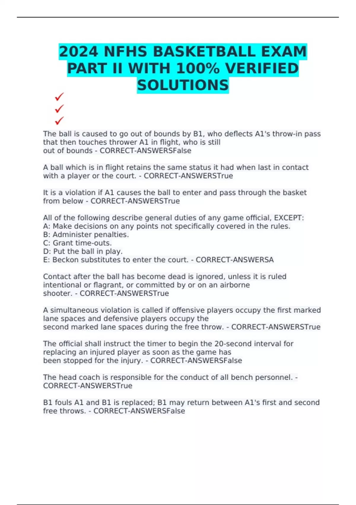2024 NFHS BASKETBALL EXAM PART II WITH 100% VERIFIED SOLUTIONS - NFHS ...