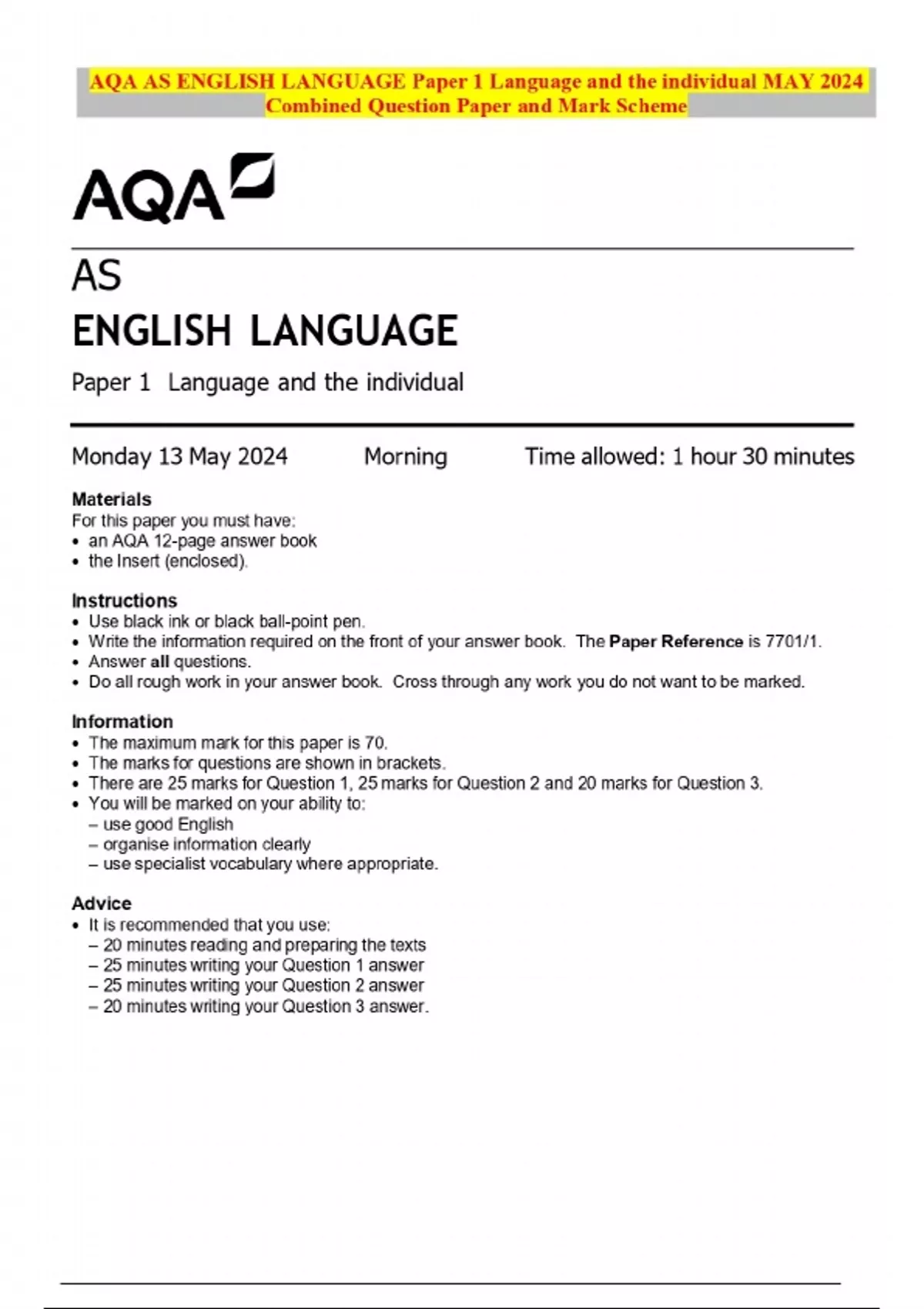 AQA AS ENGLISH LANGUAGE Paper 1 Language and the individual MAY 2024 ...