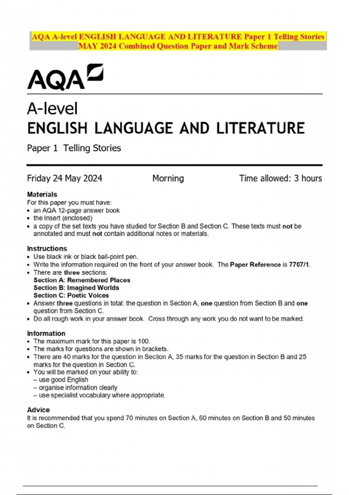 AQA A-level ENGLISH LANGUAGE AND LITERATURE Paper 1 Telling Stories MAY ...