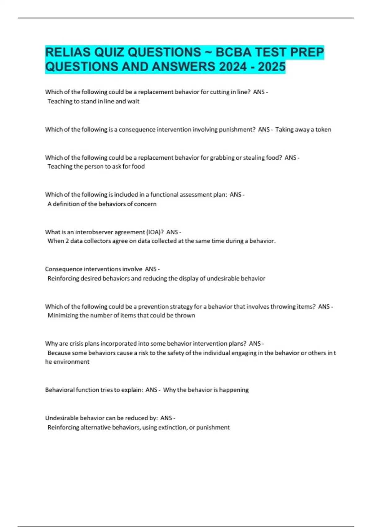 RELIAS QUIZ QUESTIONS ~ BCBA TEST PREP QUESTIONS AND ANSWERS - Basic ...