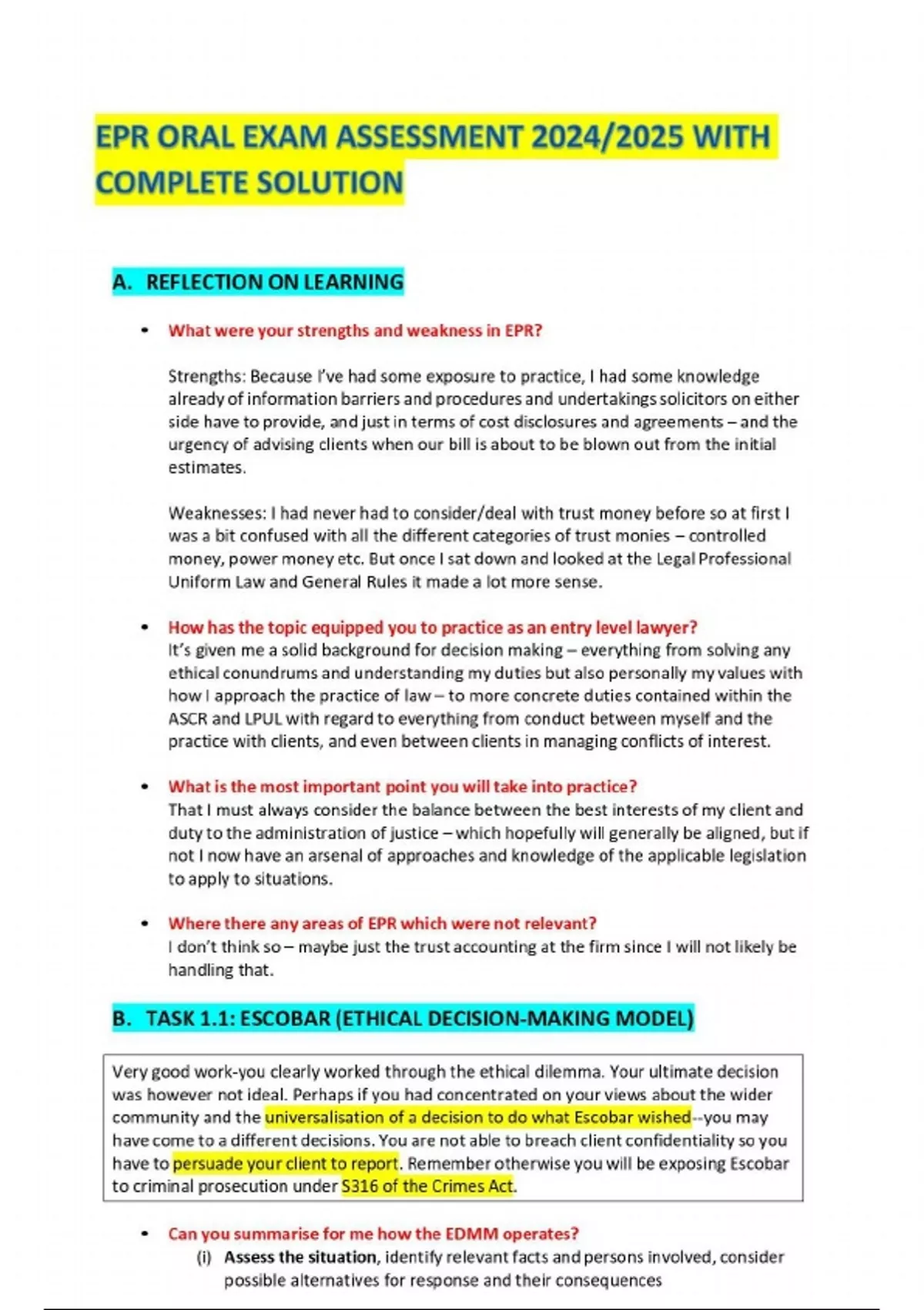 EPR ORAL EXAM ASSESSMENT 2024/2025 WITH COMPLETE SOLUTION - EPR ORAL ...