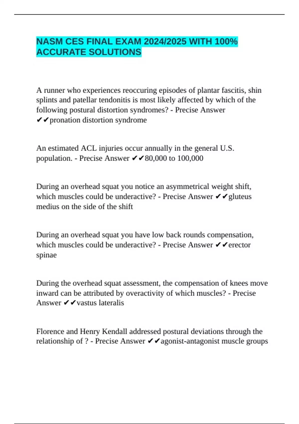 NASM CES FINAL EXAM 2024/2025 WITH 100% ACCURATE SOLUTIONS - NASM CE ...