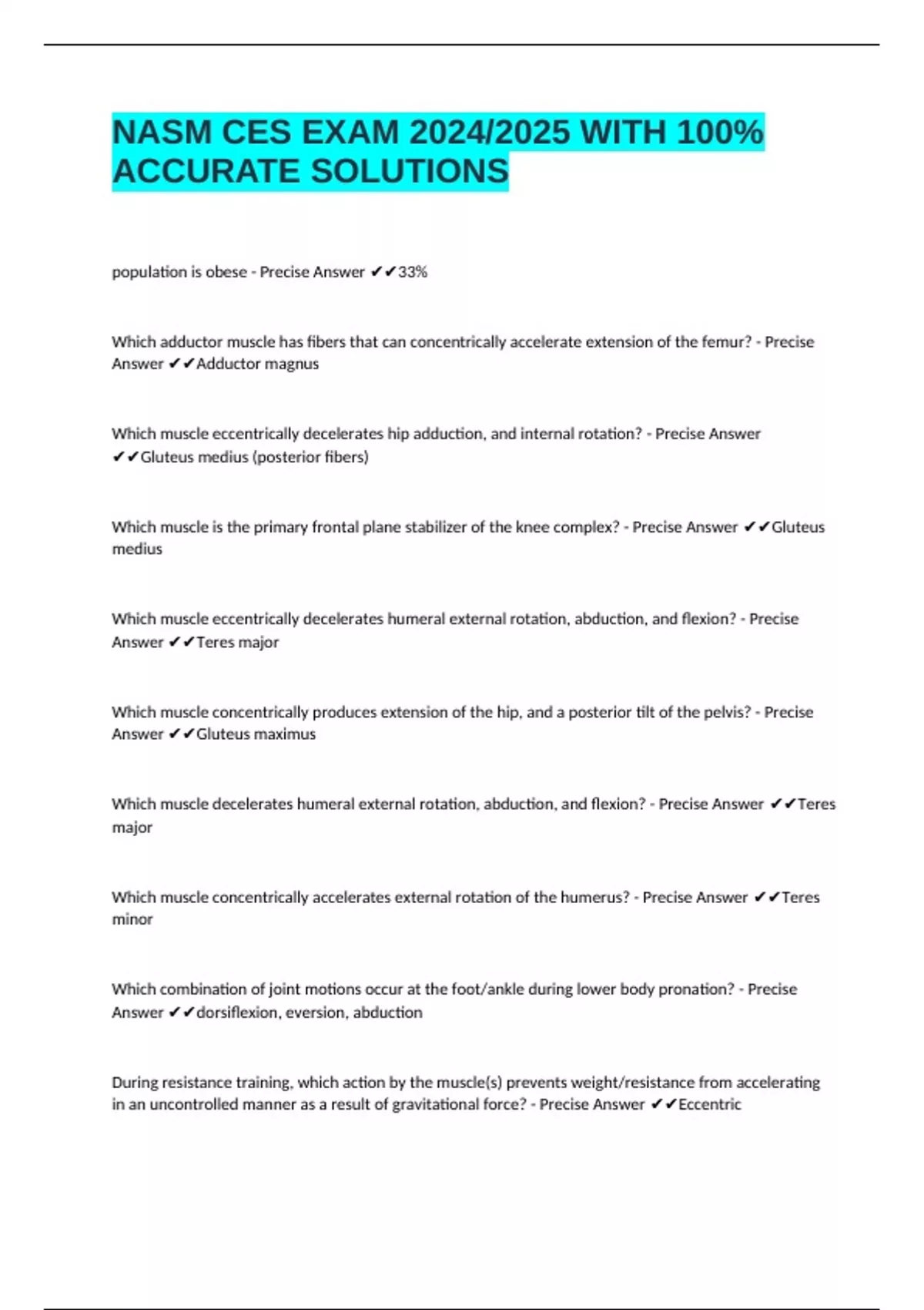 NASM CES EXAM 2024/2025 WITH 100% ACCURATE SOLUTIONS - NASM CES - Stuvia US