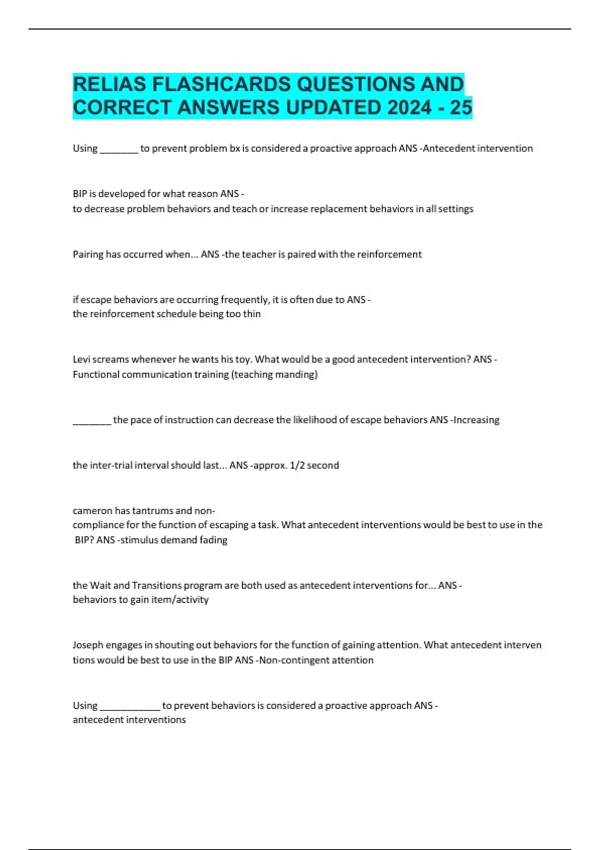 RELIAS FLASHCARDS QUESTIONS AND CORRECT ANSWERS UPDATED 2024 - 25 ...