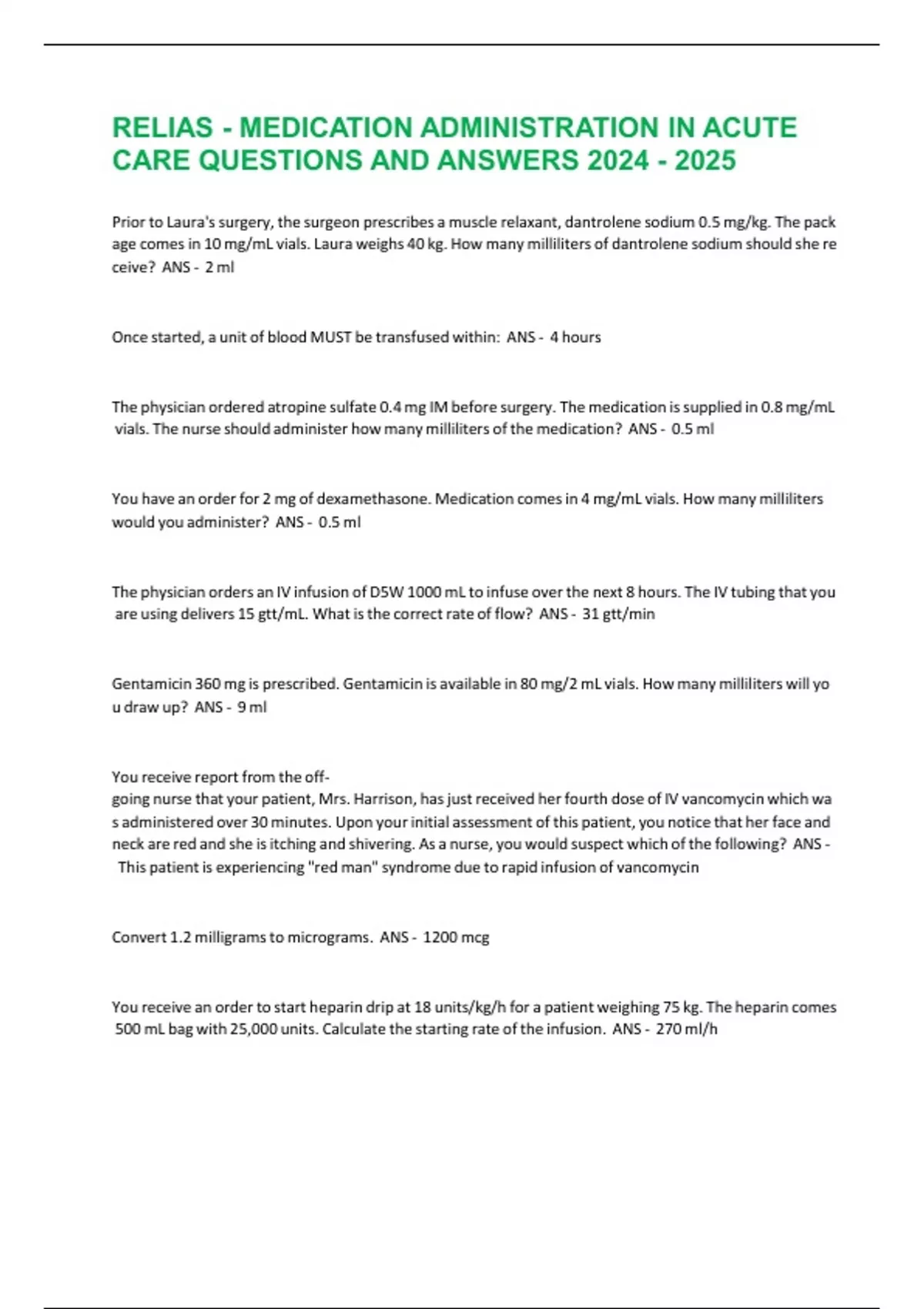 RELIAS - MEDICATION ADMINISTRATION IN ACUTE CARE QUESTIONS AND ANSWERS ...