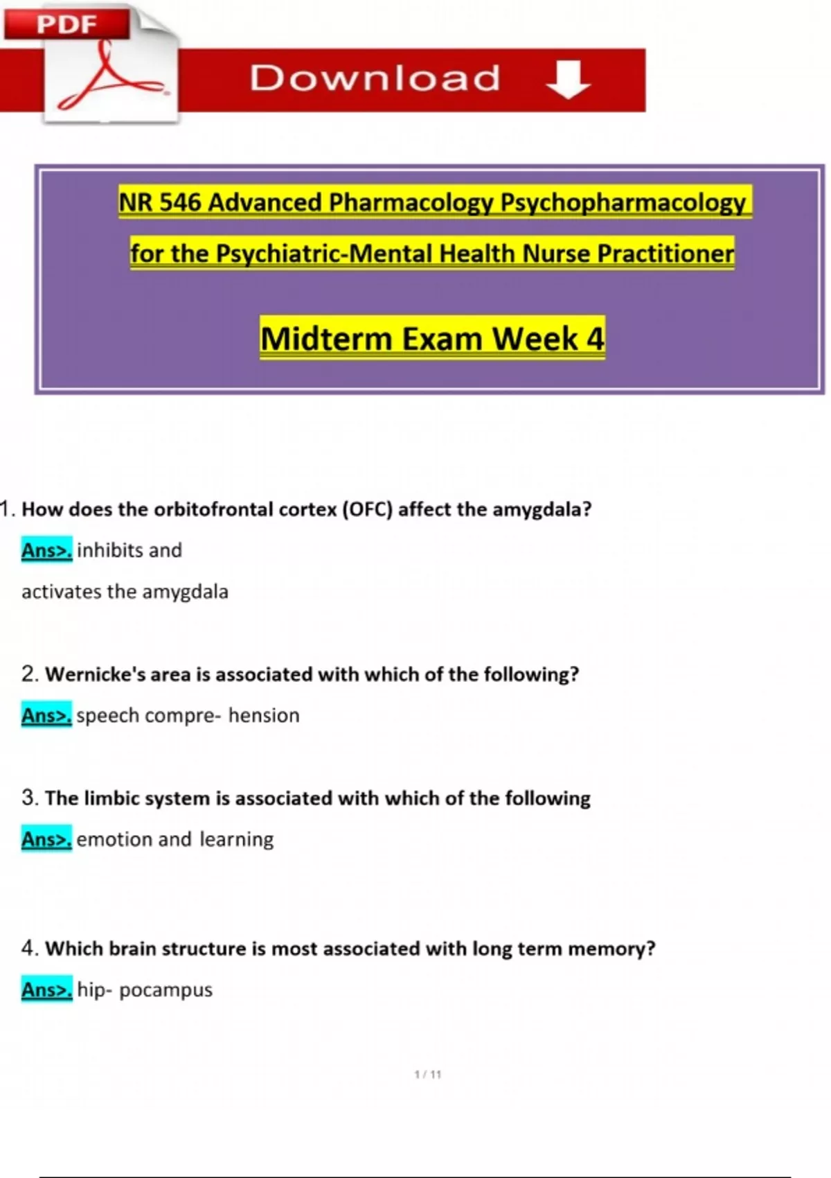 NR 546 Midterm Exam 2024 / NR 546 Week 1 - 4 Exam Advanced Pharmacology Psychopharmacology for ...