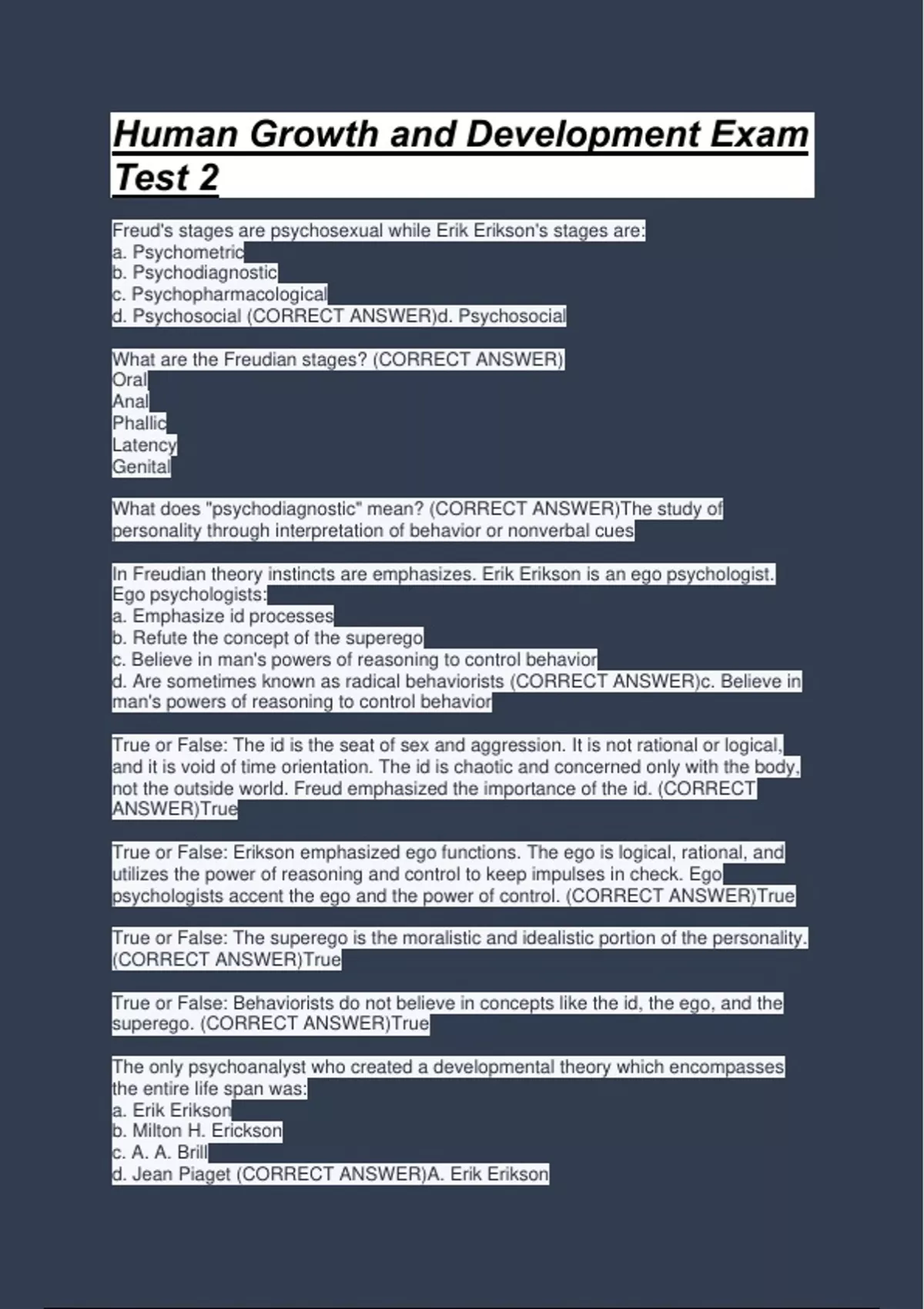 Human Growth and Development Exam Test 2 UPDQTED QUESTIONS AND ANSWERS ...