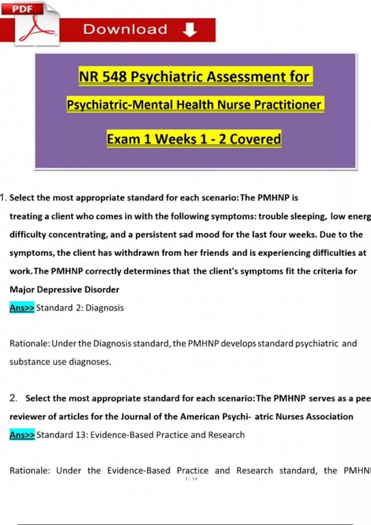 NR548 / NR 548 Exam 1 (2026 / 2027): Psychiatric Assessment for ...