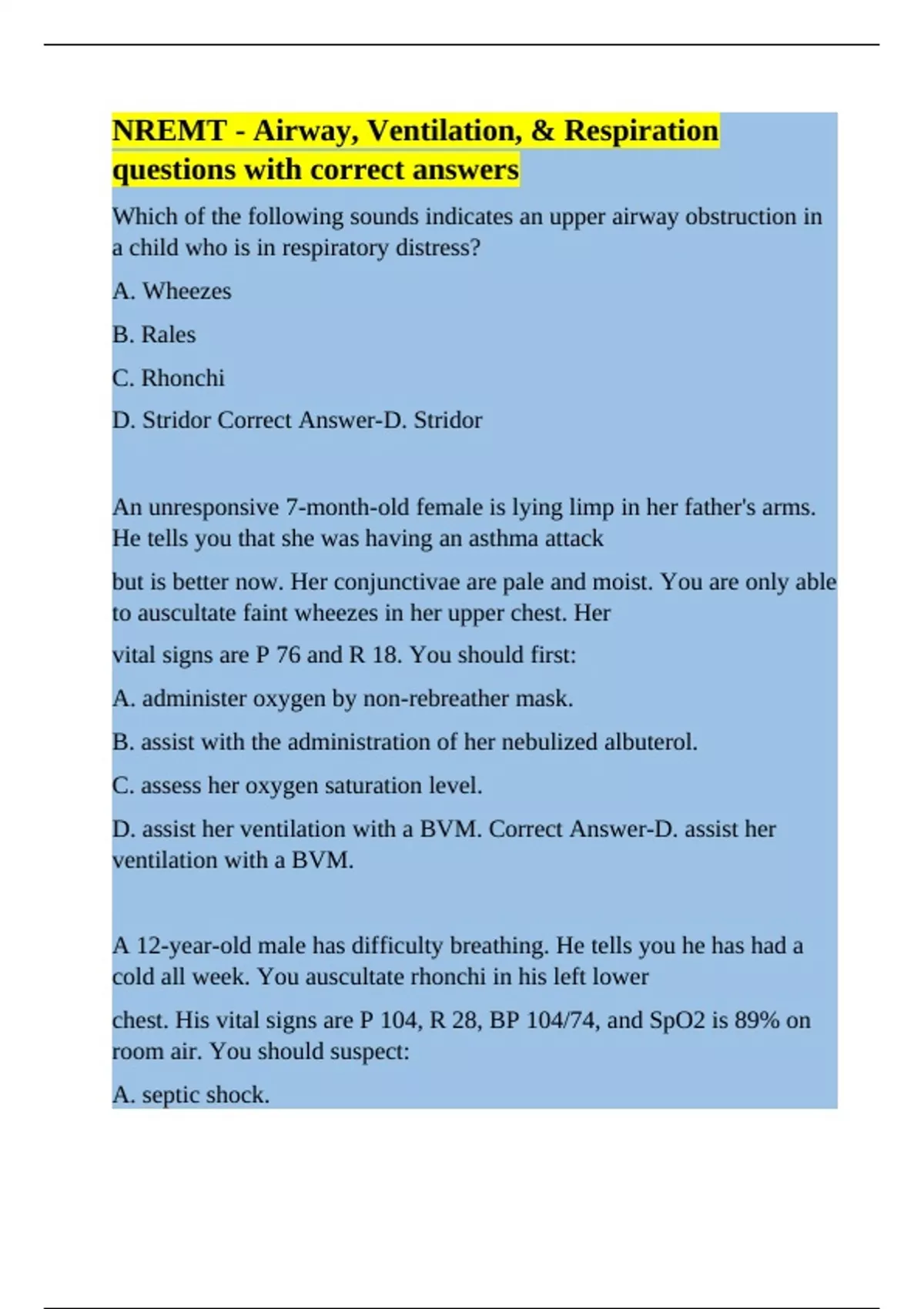 NREMT - Airway, Ventilation, & Respiration questions with correct ...