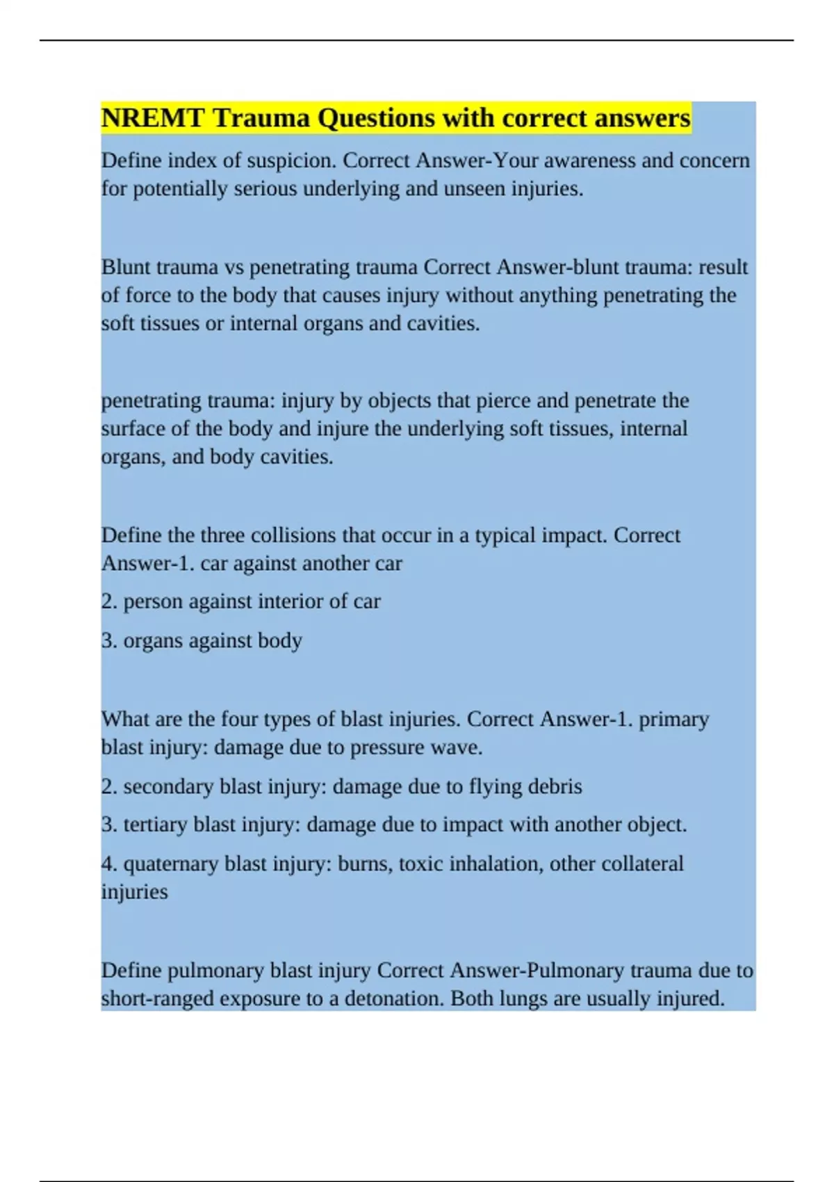 NREMT Trauma Questions with correct answer1. - NREMT - Nationally ...