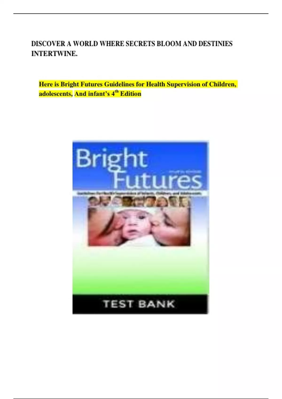 Test Bank For Bright Futures: Guidelines for Health Supervision of ...